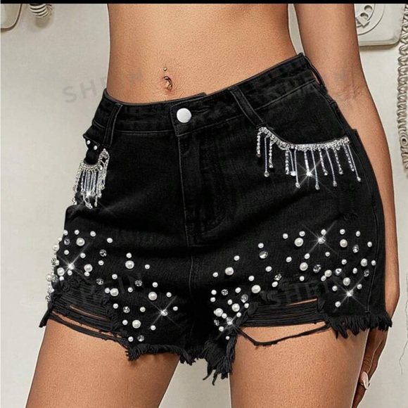 SHEIN | Shorts | Western Wear Style High Waist Denim Pearl Shorts ...